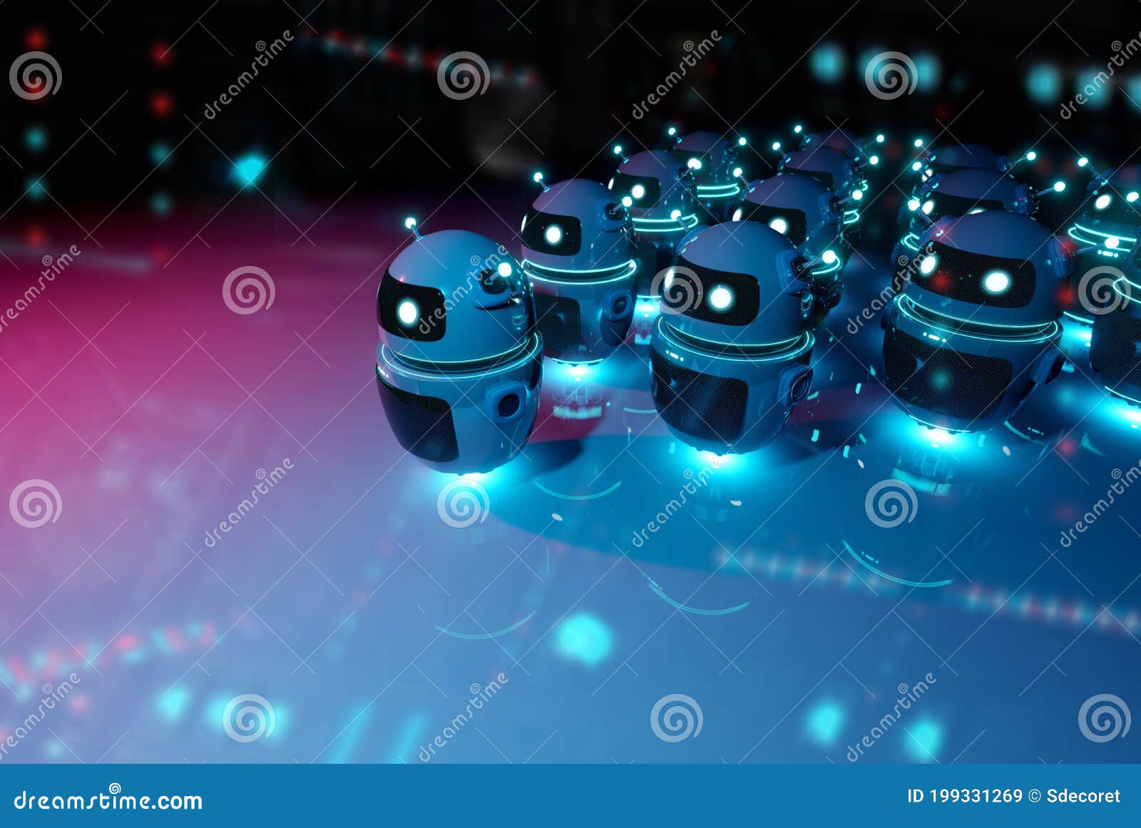 White Chatbot Robot Leading Robots Group on Dark Bluish Reddish ...