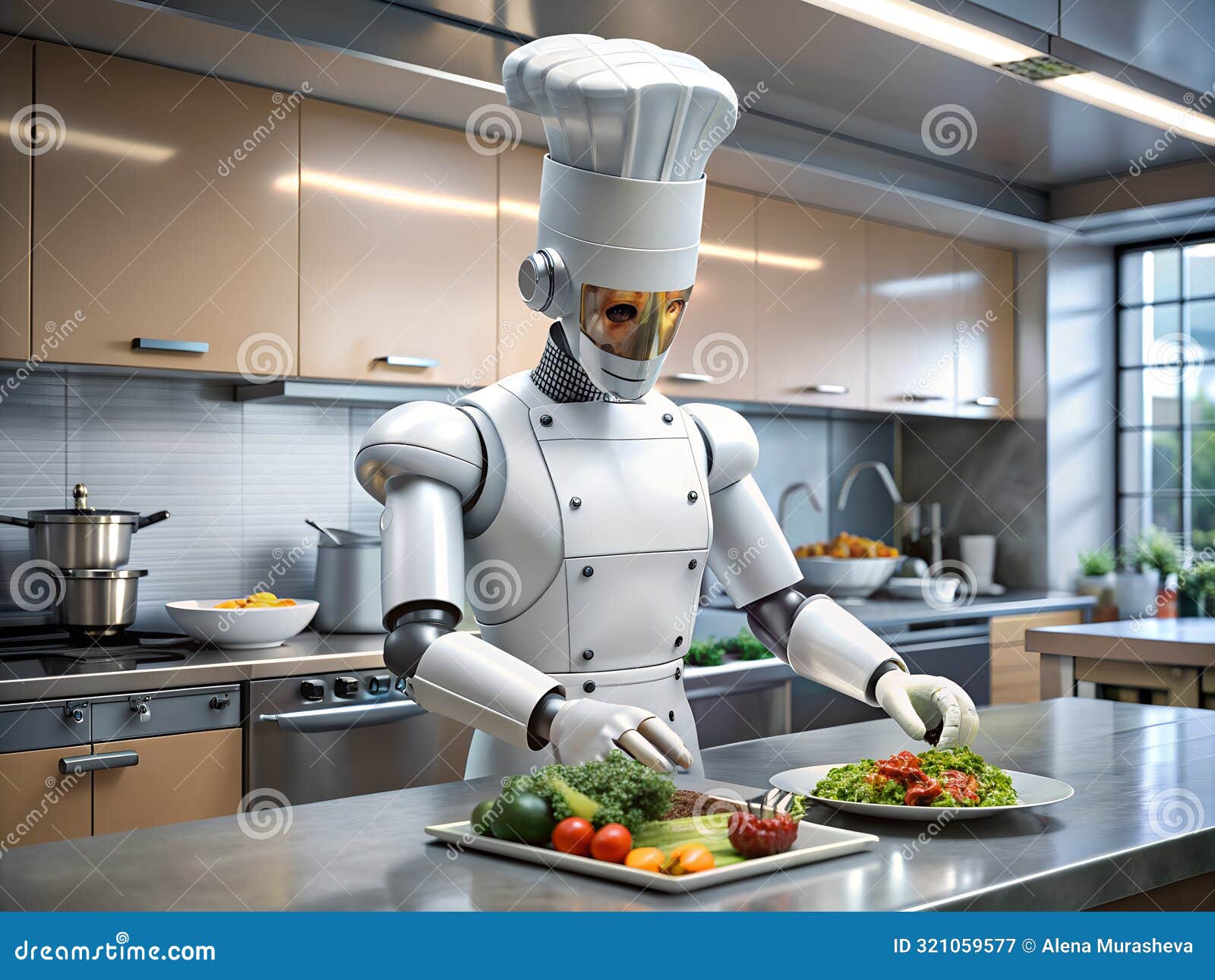 White Chef Robot Cooking Meal in the Kitchen. Cooking Robot Artificial ...