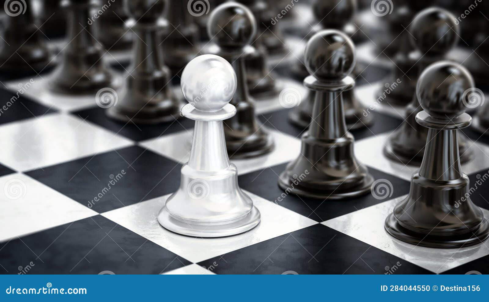 White Chess Pawn Standing One Square Ahead of Black Chess Pieces. 3D ...