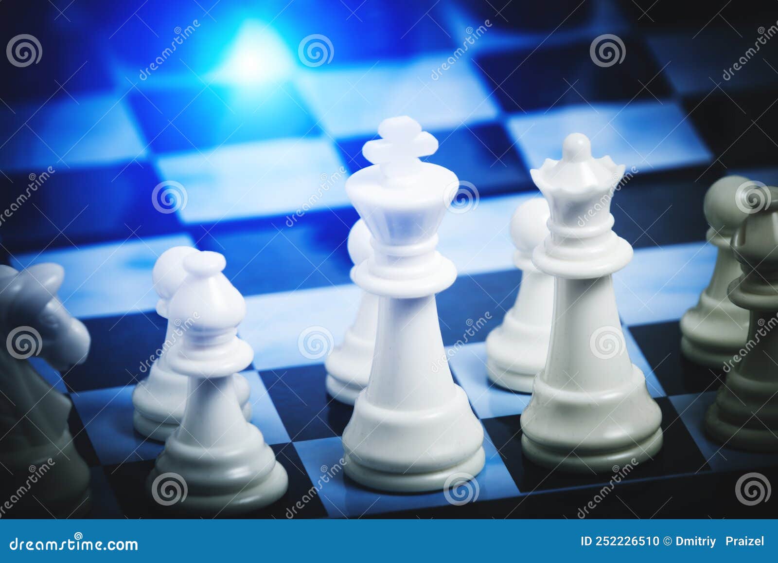 White Chess Pieces Chessboard with Bright Blue Light Stock Photo ...