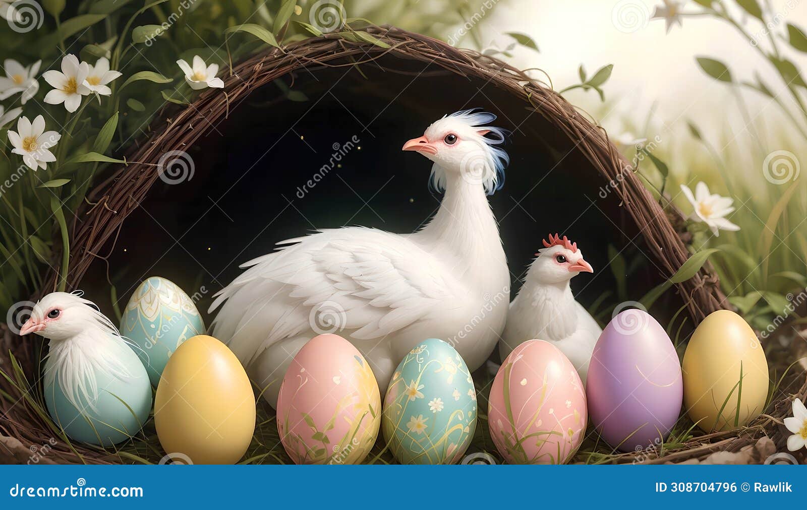 White Chicken with Colorful Easter Eggs in a Nest in Nature. Stock ...