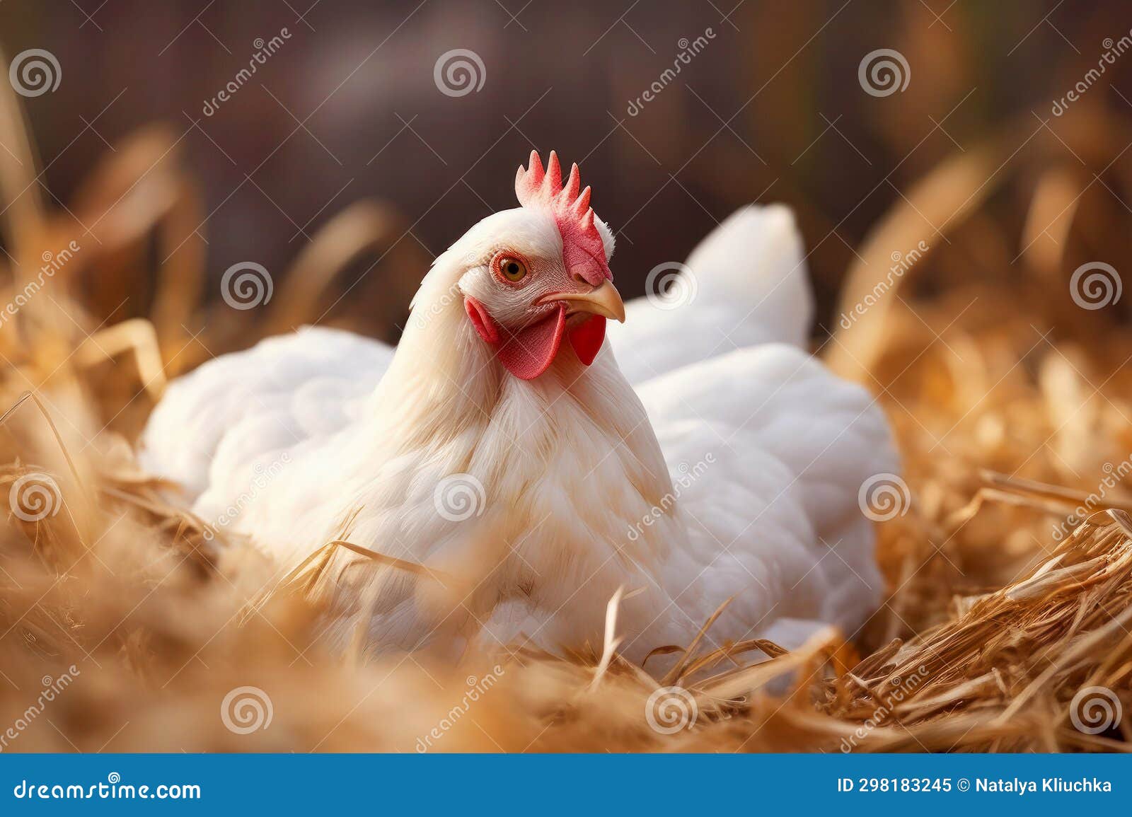 White Chicken in the Hay. Eco Farm with Chickens. Broiler Chickens ...