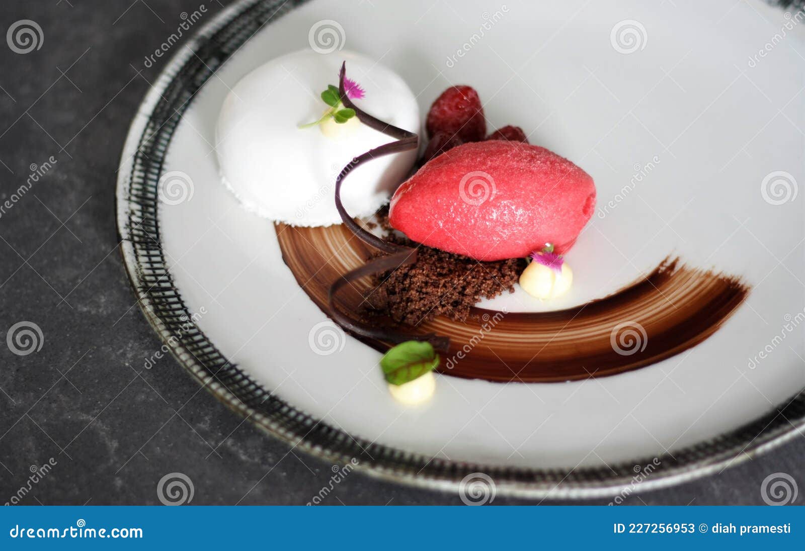 White Chocolate Dacquoise with Raspberry Sorbet Menu for Desserts Serve ...