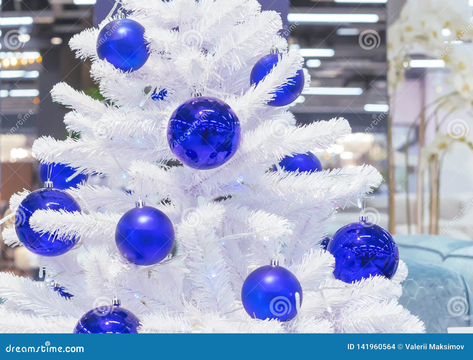 White Christmas Tree Decorated with Blue Balls Stock Photo - Image of ...