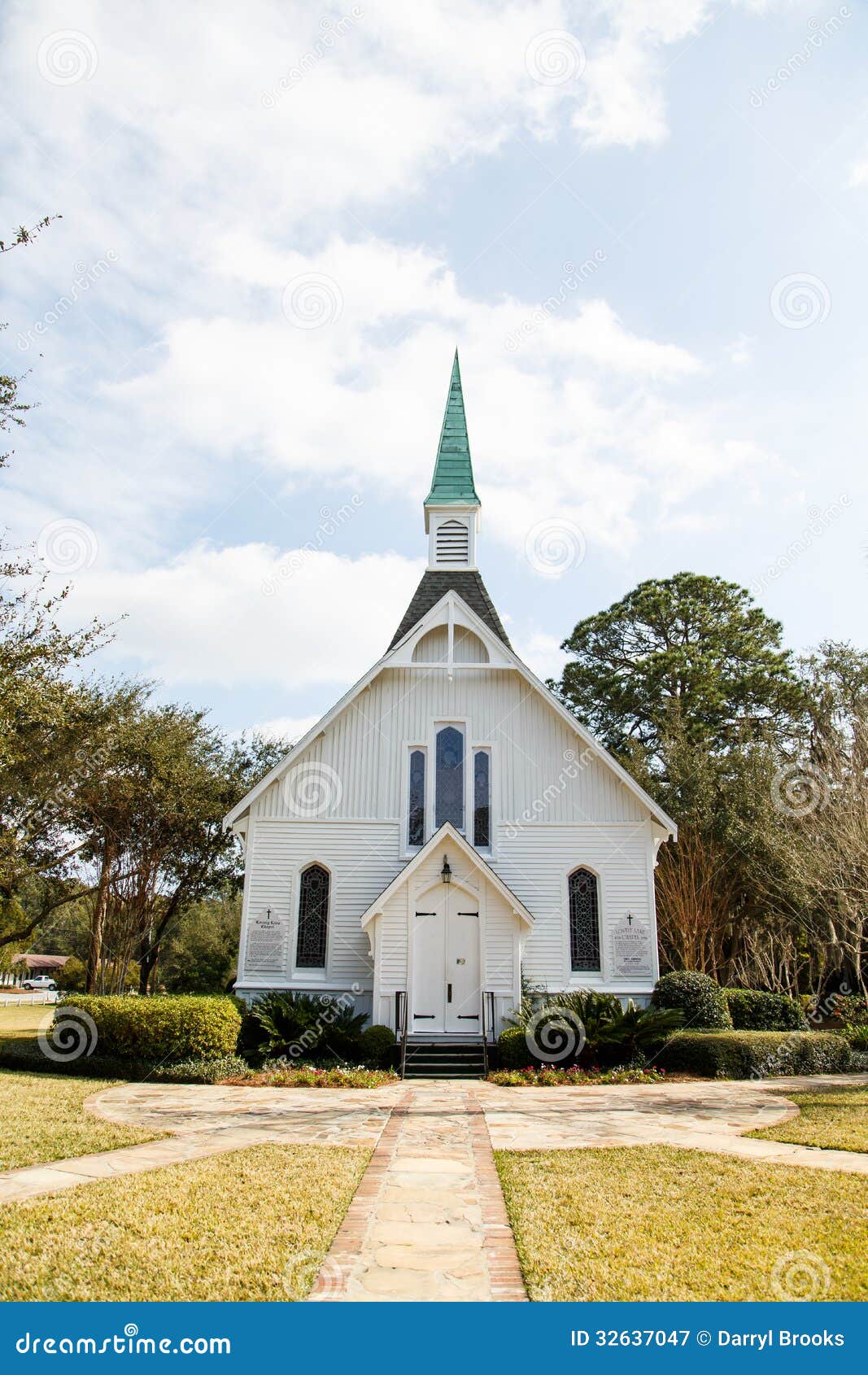 White Church Down Brick Path Stock Image - Image of church, small: 32637047