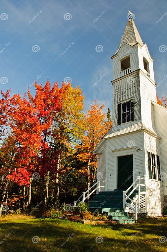 White Church and Fall Colors. Stock Photo - Image of kancamangus ...