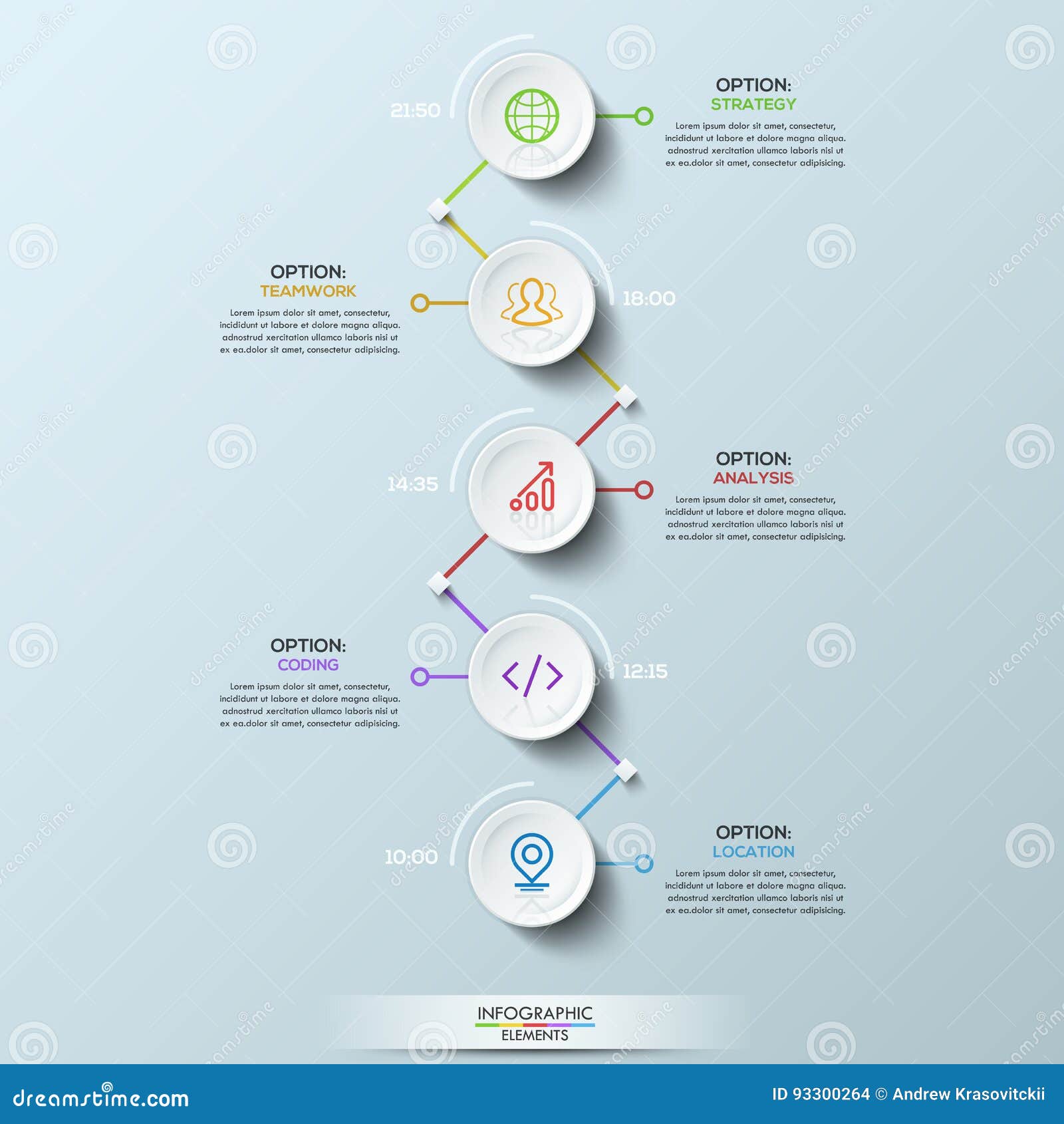 White Circular Elements Connected with Text Boxes and Time Indication ...