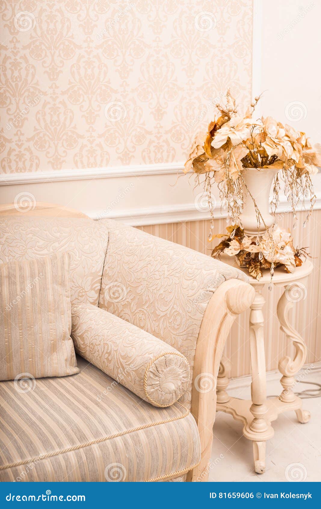 White Classical Sofa Close-up and Vase with Golden Branches and Stock ...