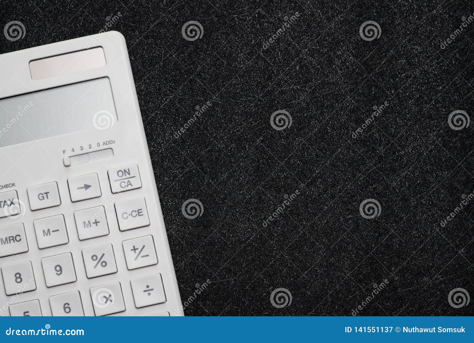 White Clean Calculator on Dark Texture Black Background with Copy Space ...