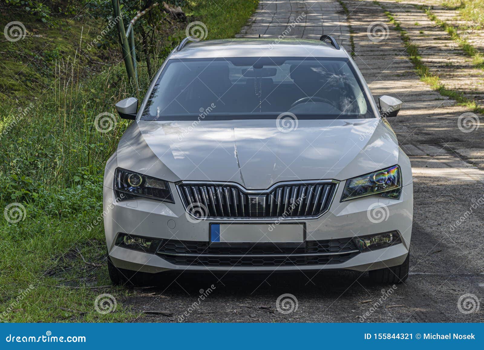 White Clean Car on Concrete Road in Summer Sunny Forest Stock Image ...
