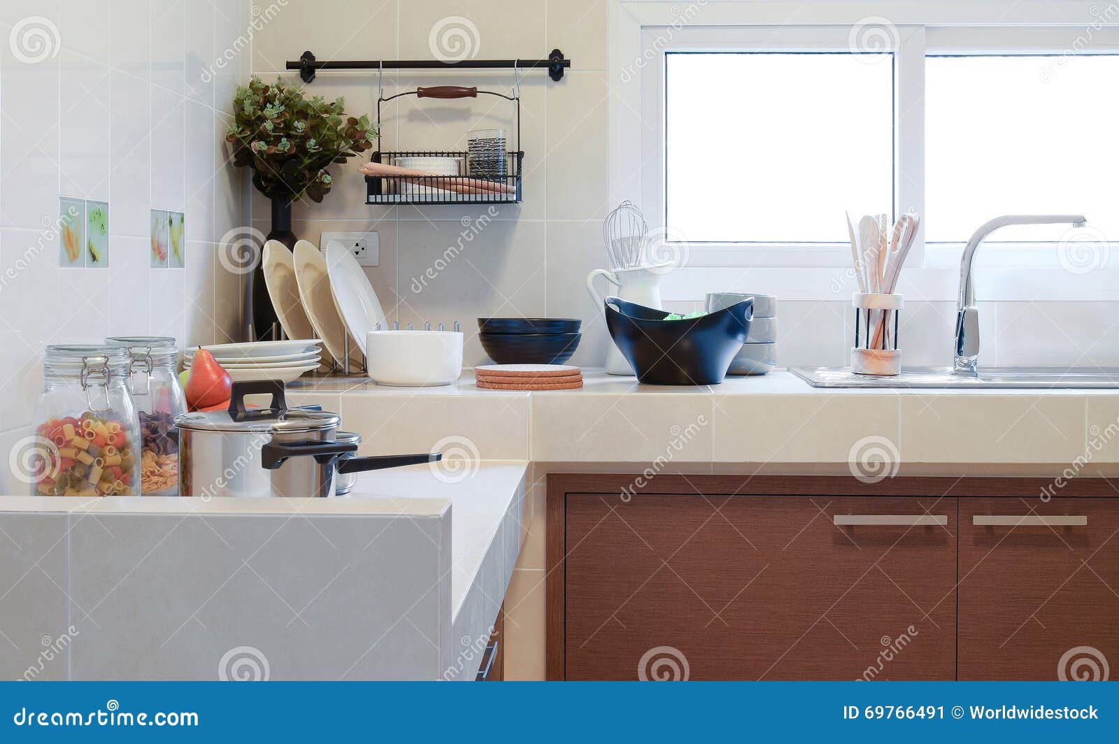 White Clean Counter in Kitchen with Utensil Stock Image - Image of ...