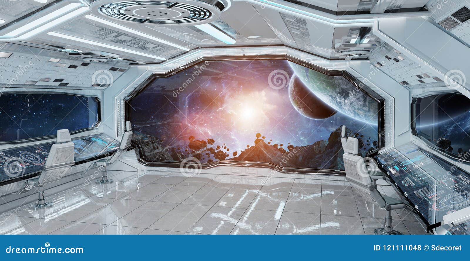 White Clean Spaceship Interior with View on Planet Earth 3D Rend Stock ...