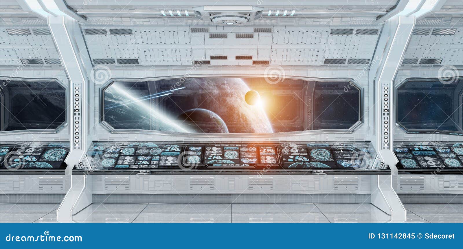 White Clean Spaceship Interior with View on Planet Earth 3D Rend Stock ...