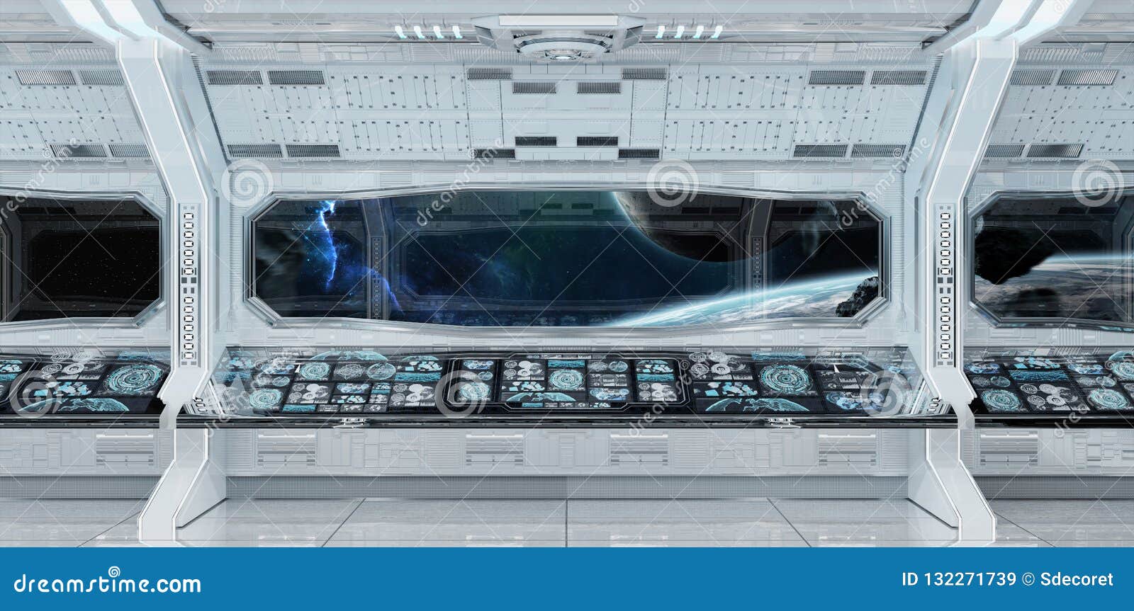 White Clean Spaceship Interior with View on Planet Earth 3D Rend Stock ...