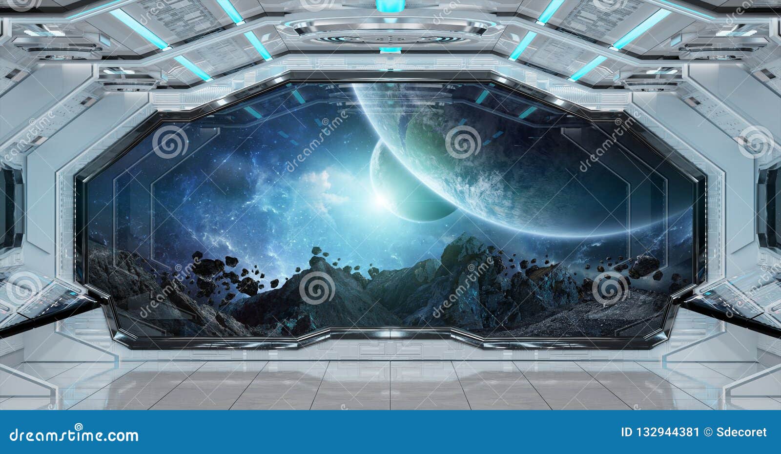 White Clean Spaceship Interior with View on Planet Earth 3D Rend Stock ...