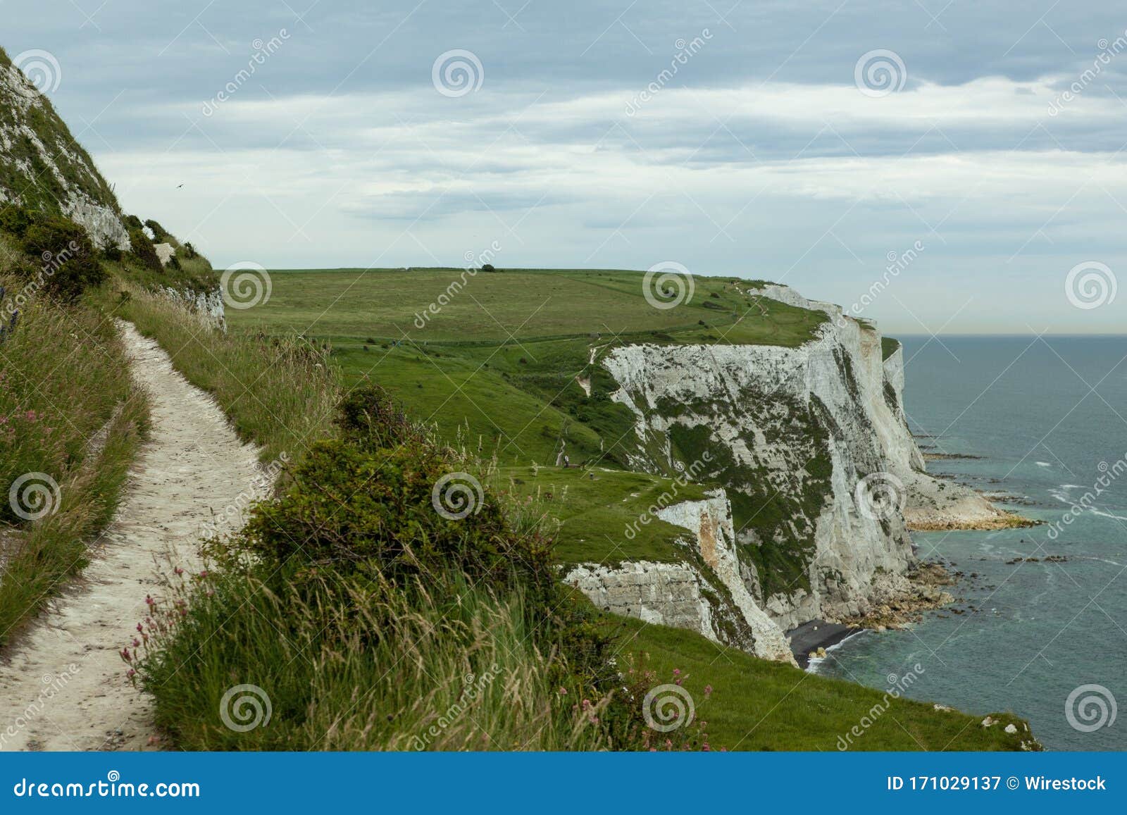 White Cliffs of Dover Covered in Greenery Under a Cloudy Sky in the UK ...