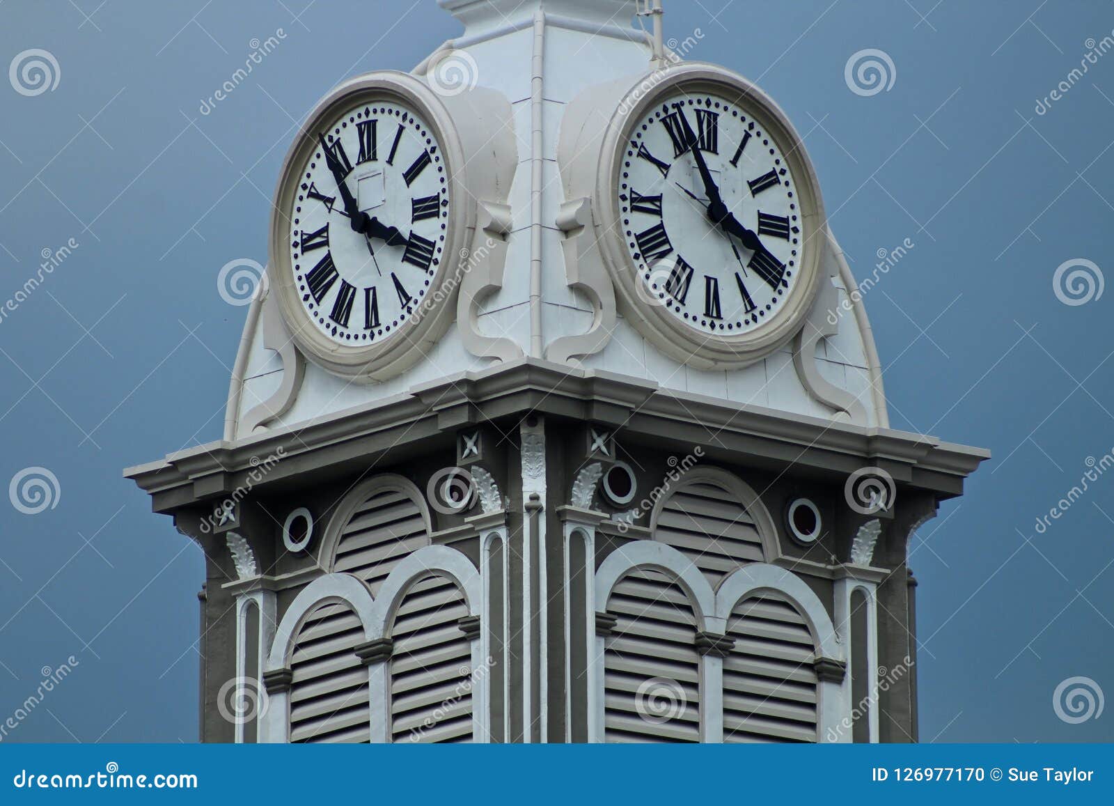 White Clock Tower with Blue Sky Stock Photo - Image of town, settingn ...
