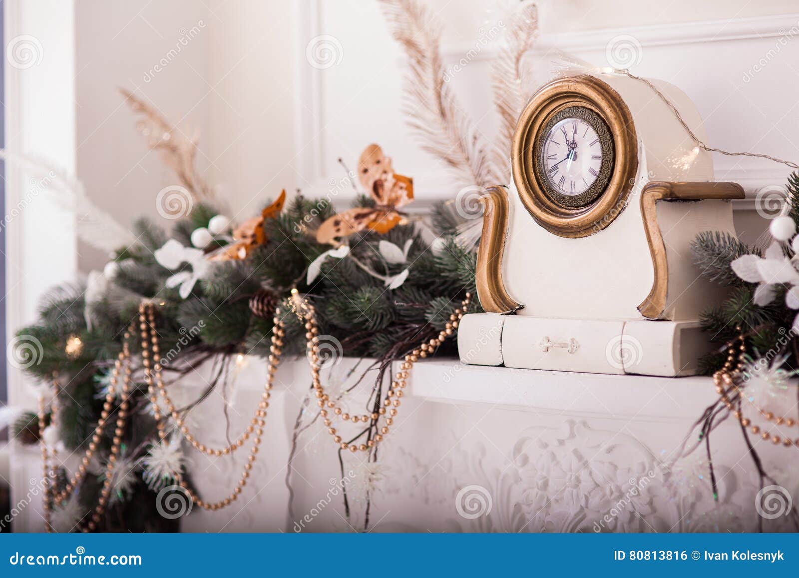 White Clocks at the Fireplace Upper Board. Stock Photo - Image of ...