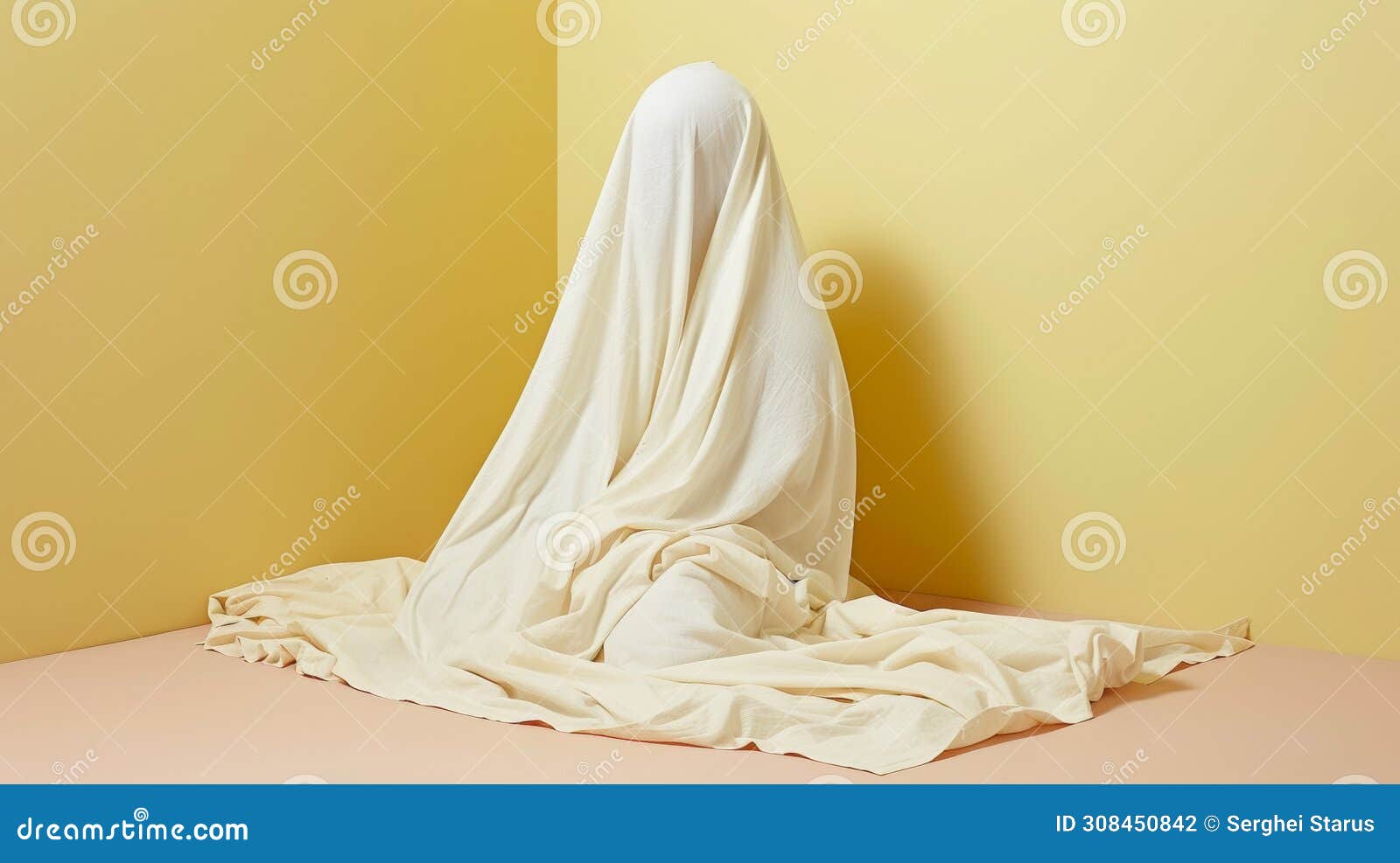 A White Cloth Wrapped Around a Person Sitting on the Floor, AI Stock ...