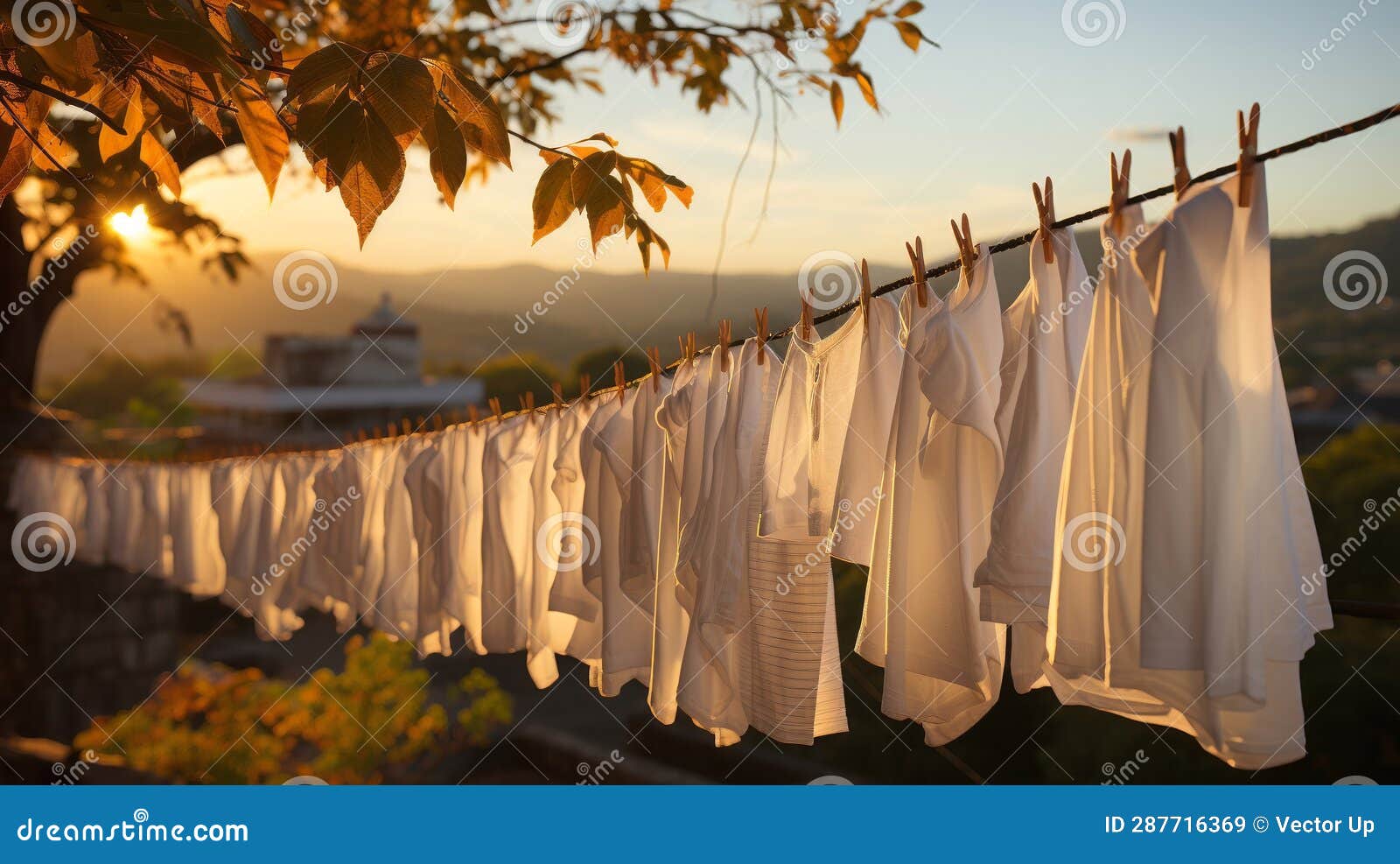 White Clothes Hanging on a Clothesline at Sunset. Generative AI. Stock ...