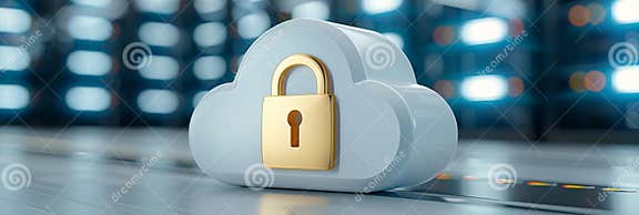 White Cloud with Gold Lock Icon in Server Room with Flashing Blue ...