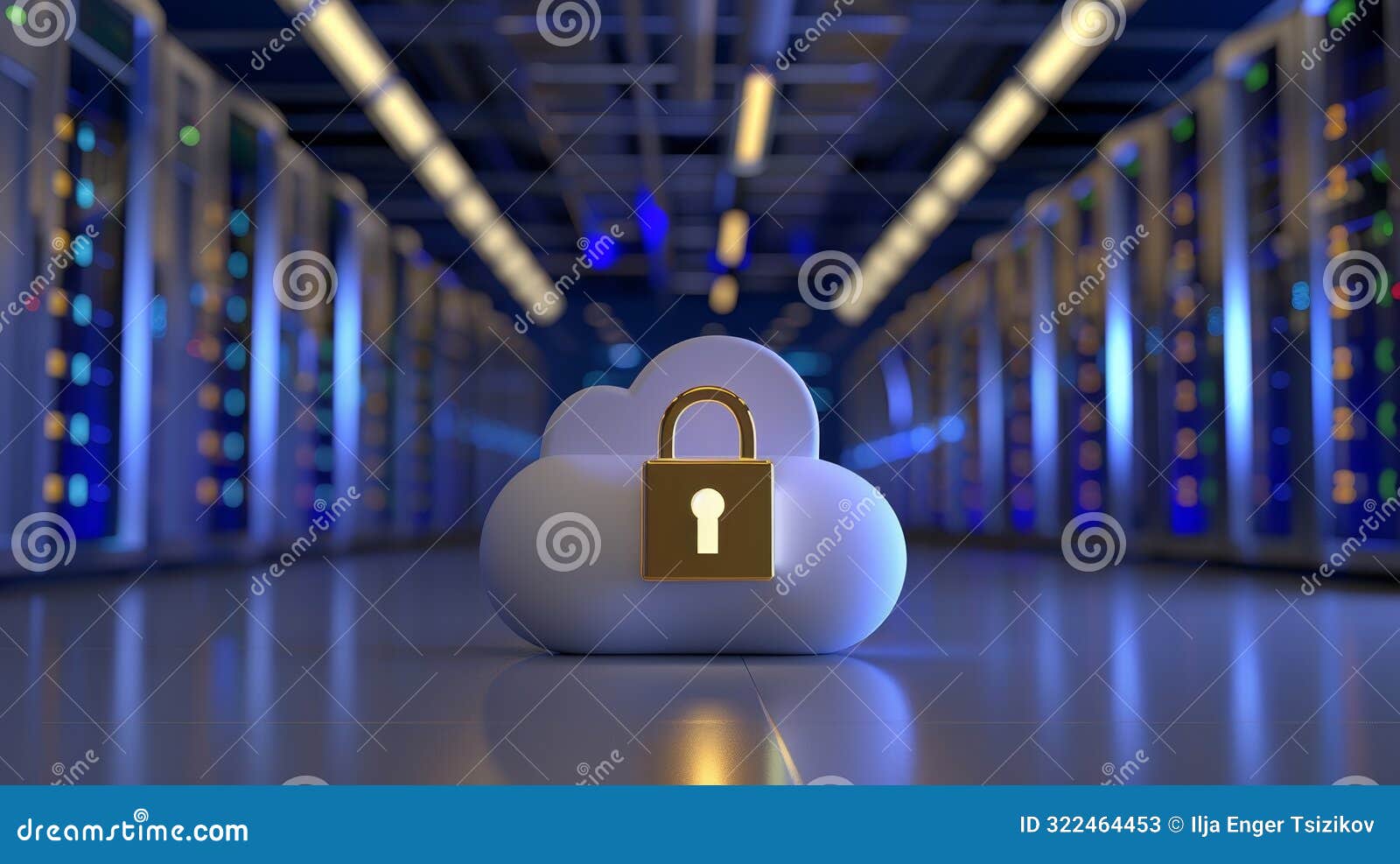 White Cloud with Gold Lock Icon in Server Room with Vibrant Flashing ...