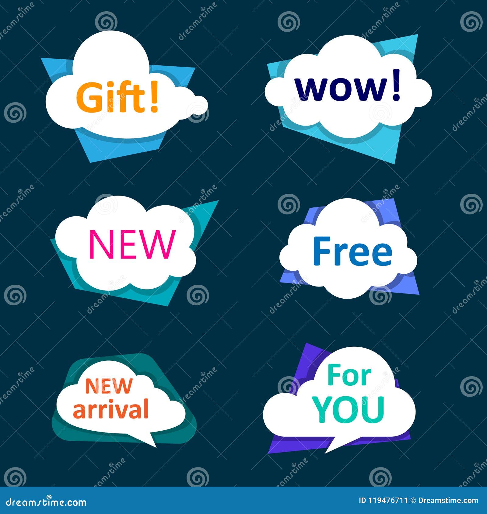 White Cloud Labels Isolated on Blue. Stock Vector - Illustration of ...