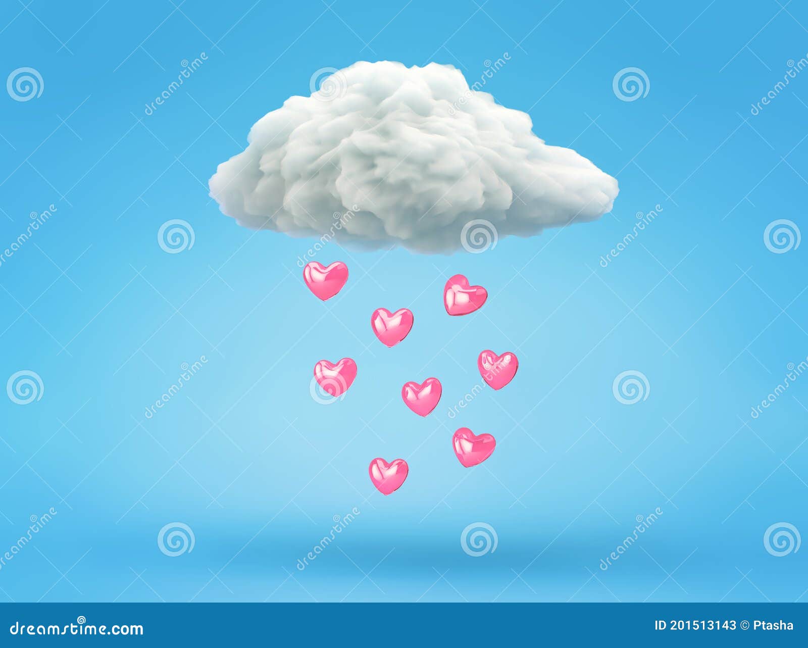 White Cloud with Rain of Pink Hearts on Blue Background Stock ...