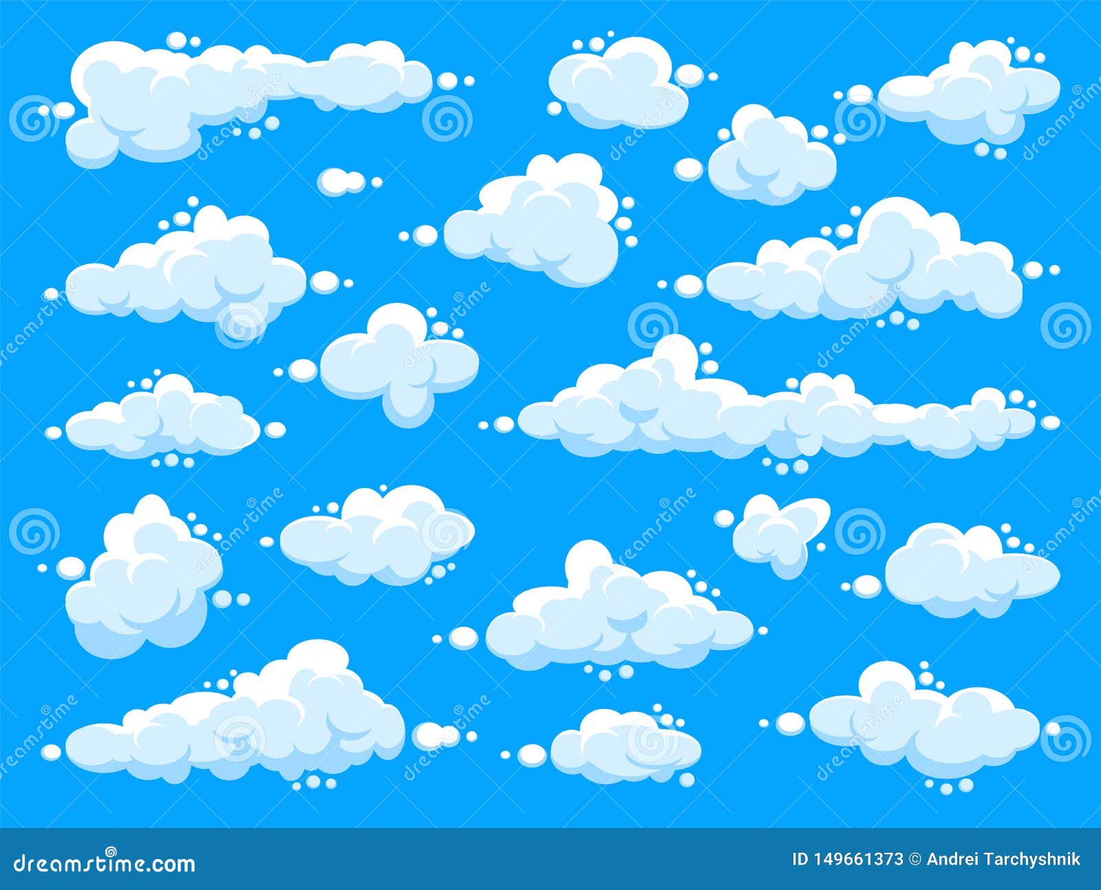 White Clouds Set. Abstract Blue Summer Sky. Simple Cartoon Cloud ...