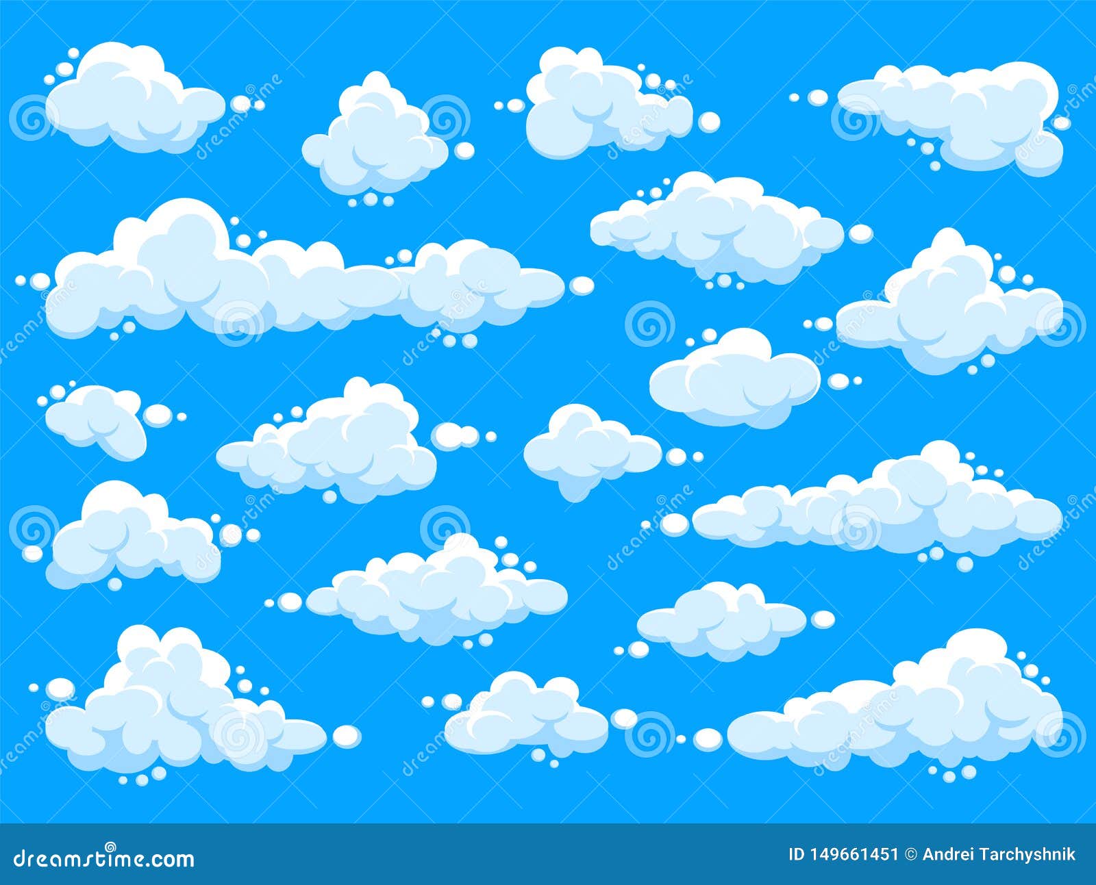 White Clouds Set. Abstract Blue Summer Sky. Simple Cartoon Cloud ...