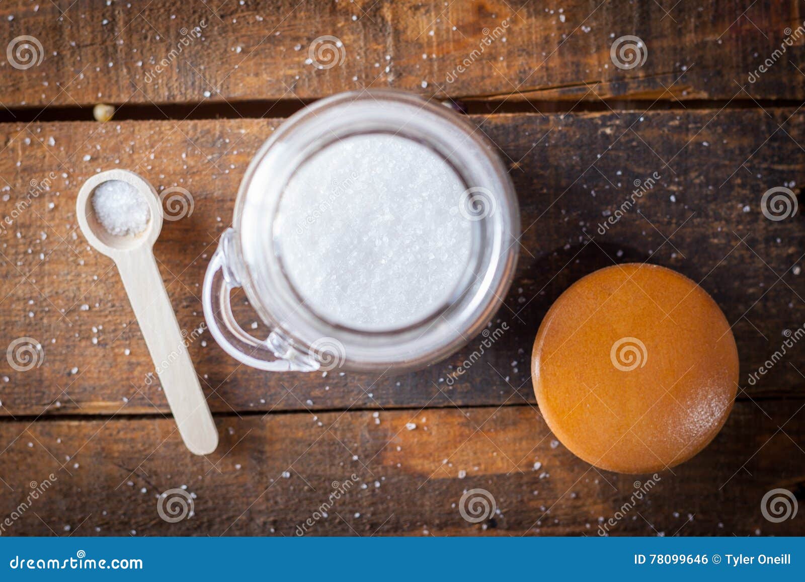 White Coarse Ground Salt on Wooden Table Background with Serving Stock ...