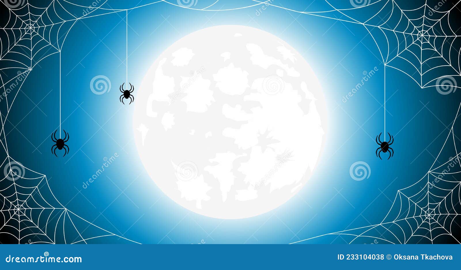 White Cobweb with Black Spiders and Bright Full Moon on a Blue Gradient ...