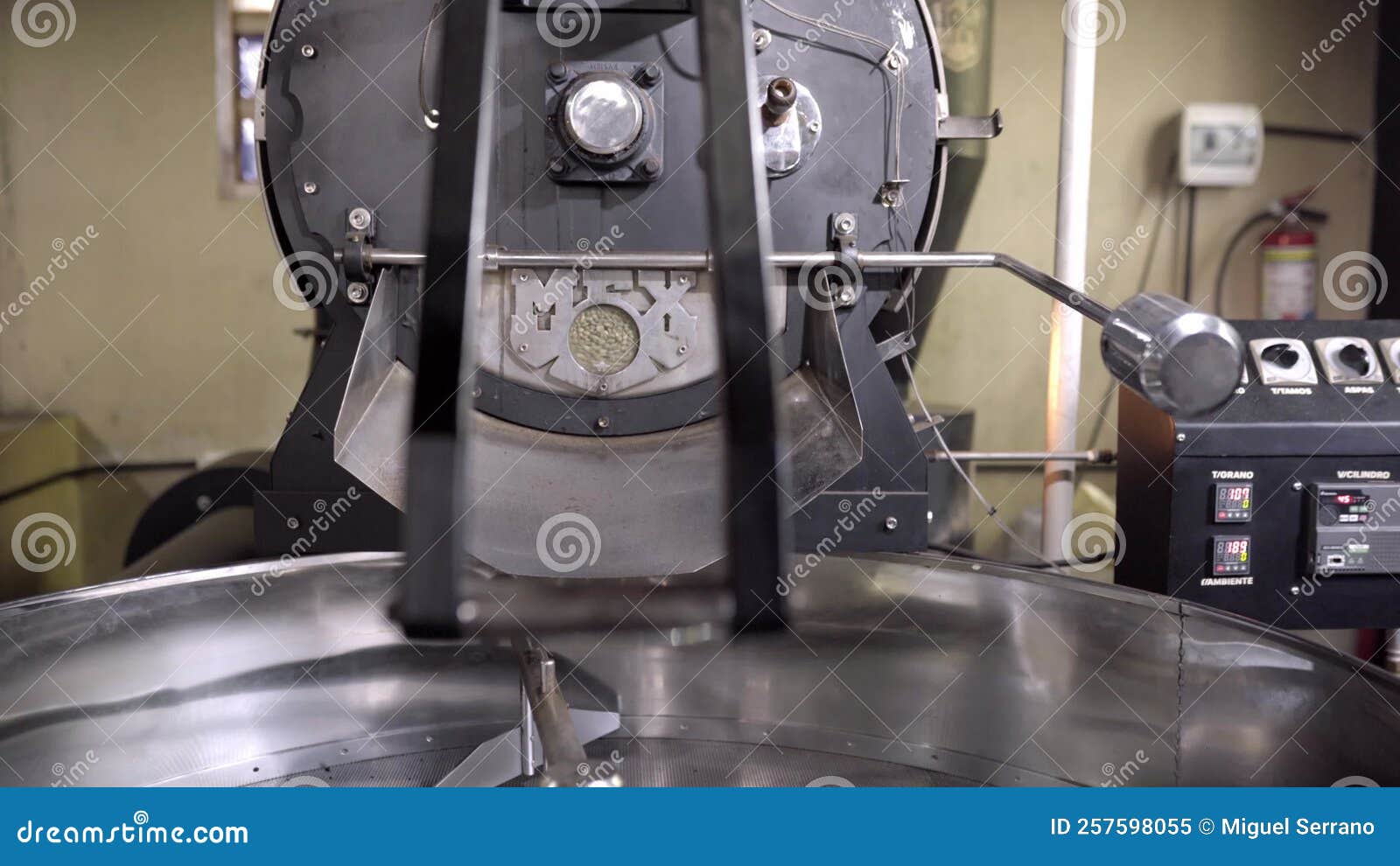 White Coffee Beans Spinning Inside of a Big Coffee Roaster Machine ...