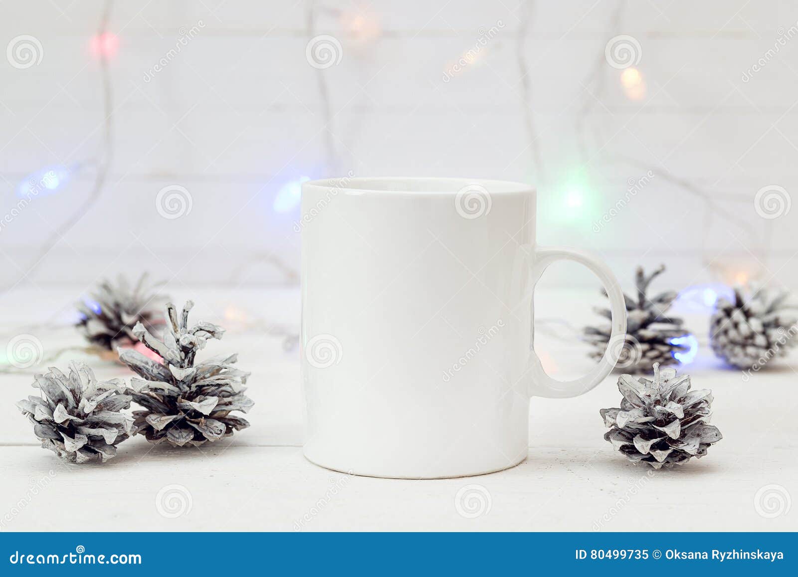 White Coffee Mug with Christmas Cones and Burning Garland. Space Stock ...