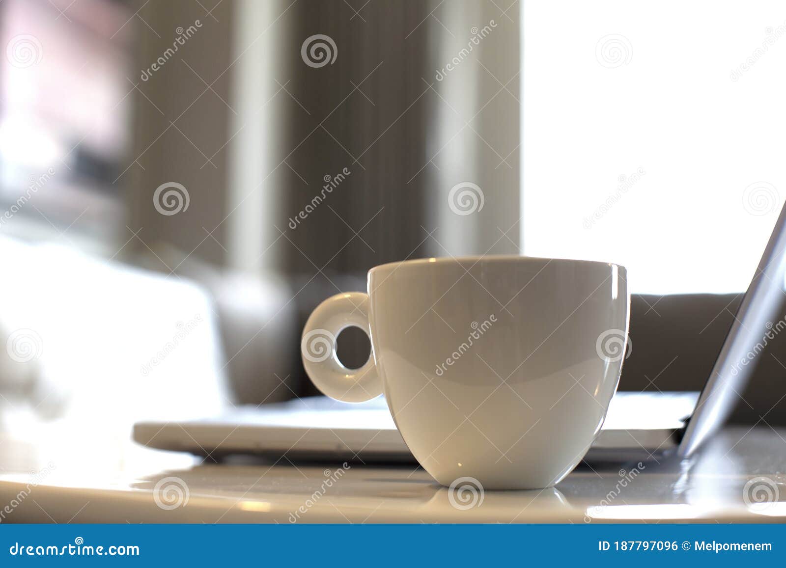 White Coffee Mug beside Laptop Computer Stock Photo - Image of online ...