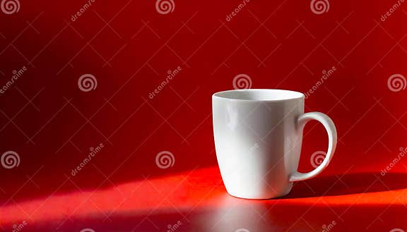 White Coffee Mug Side View with Light Shadows on a Red Isolated ...