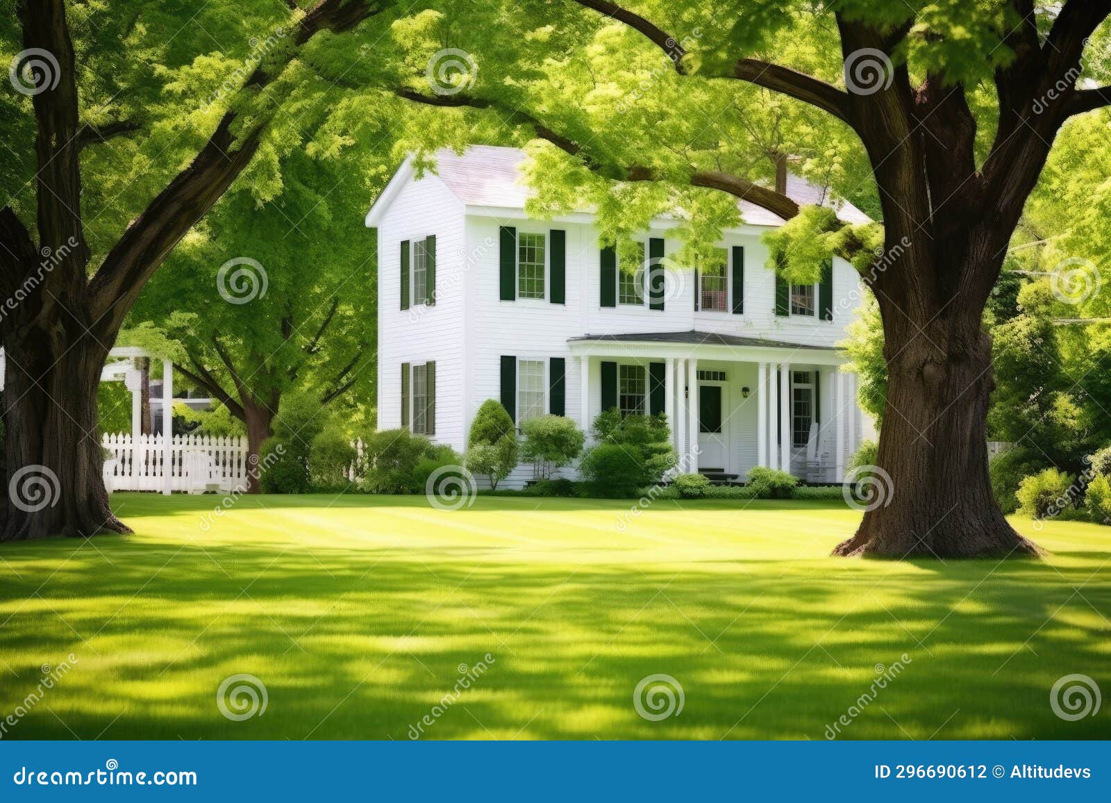 A White Colonial House with a Green Lawn and Trees Stock Photo - Image ...