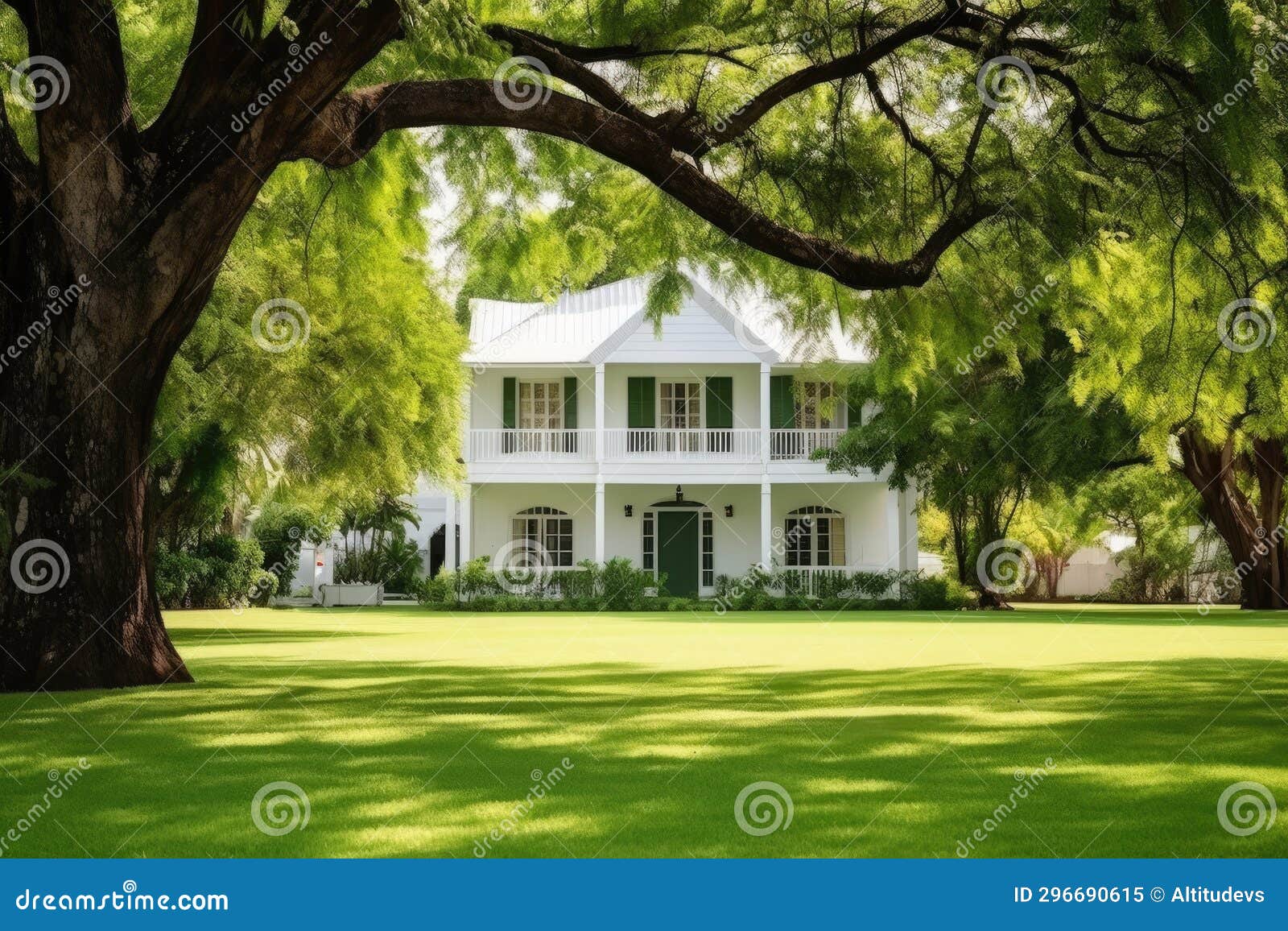 A White Colonial House with a Green Lawn and Trees Stock Image - Image ...
