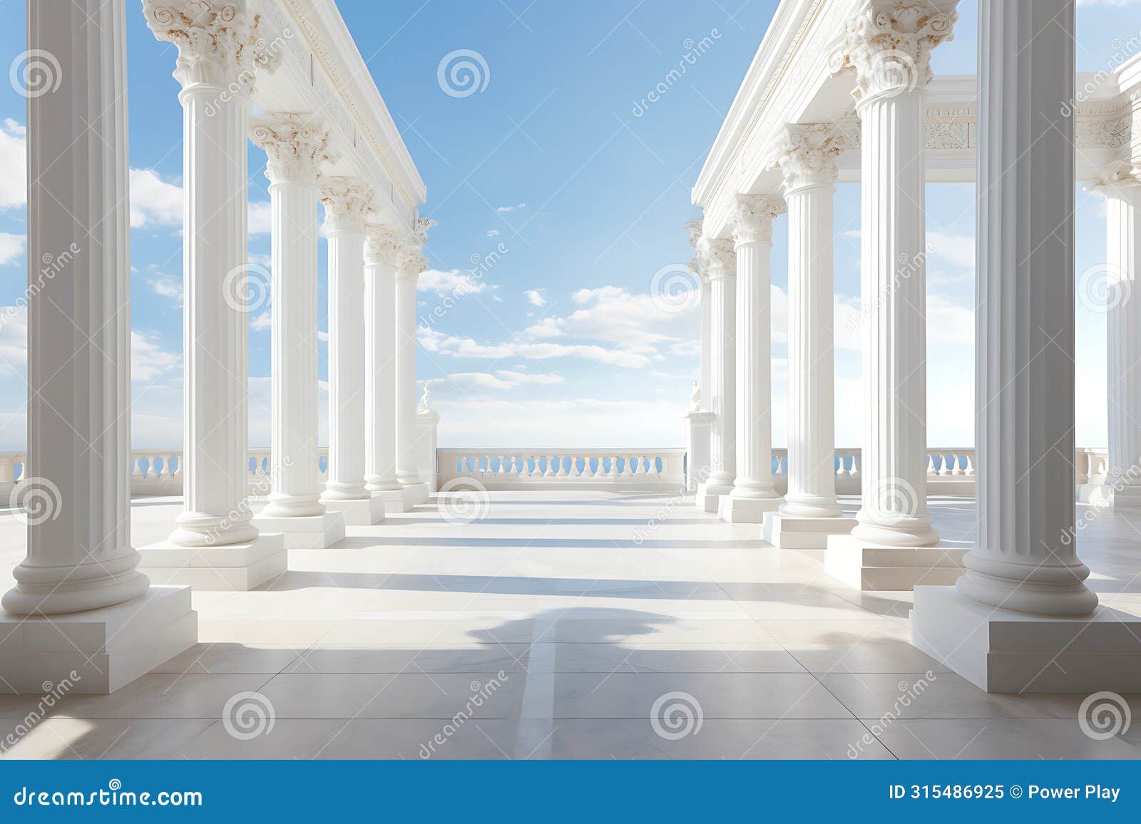 White Colonnade with Columns on the Background of the Sea. 3d Rendering ...