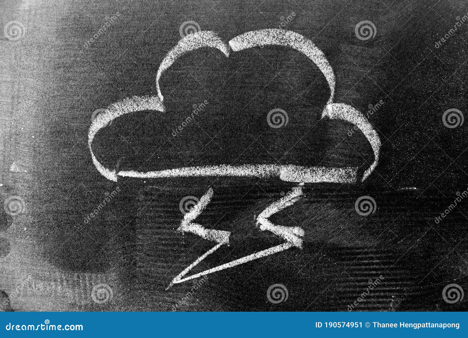 White Chalk Hand Drawing in Cloud with Thunder Shape on Black Board ...
