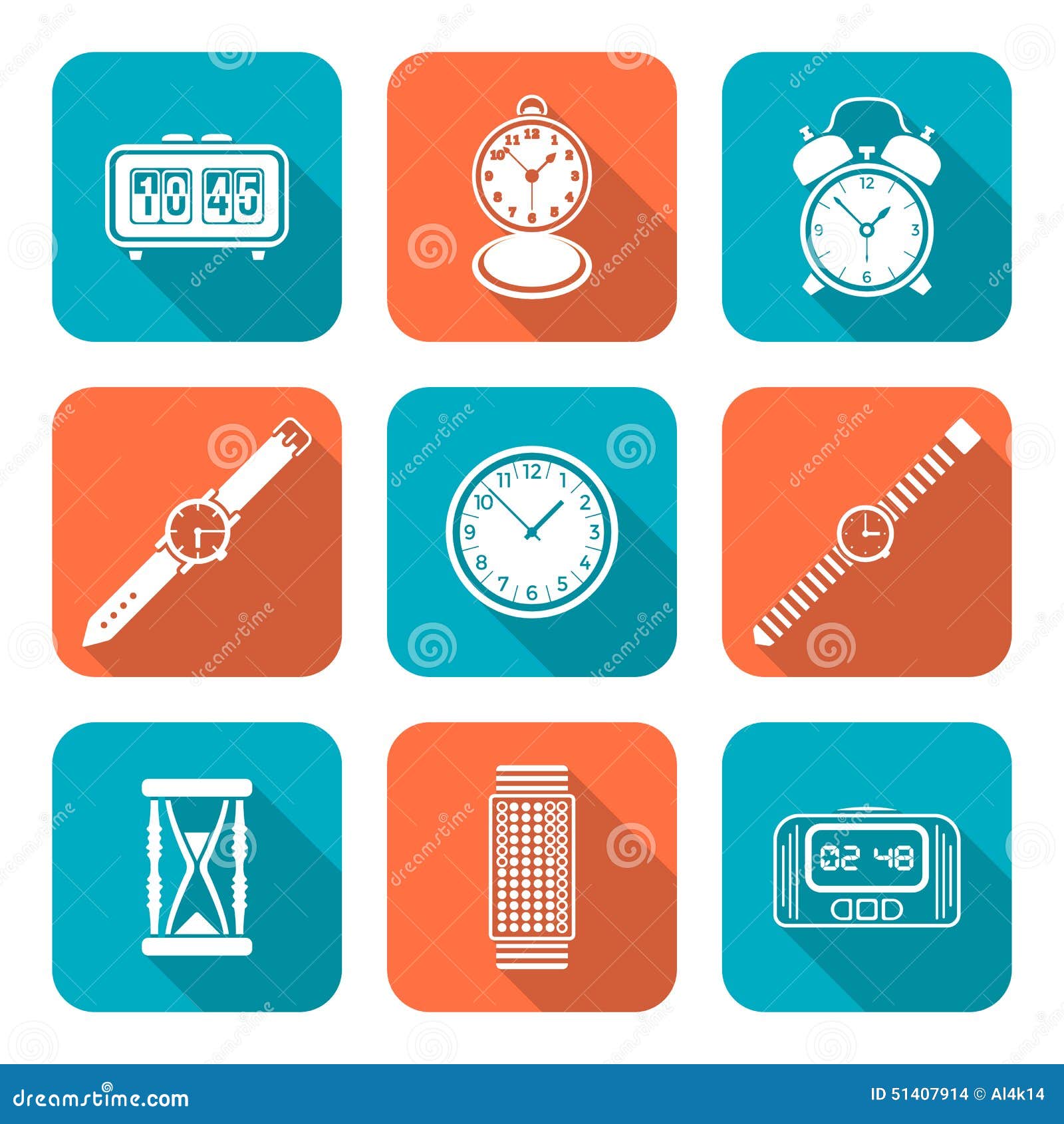 White Color Flat Style Various Watches Clocks Icons Set Stock Vector ...