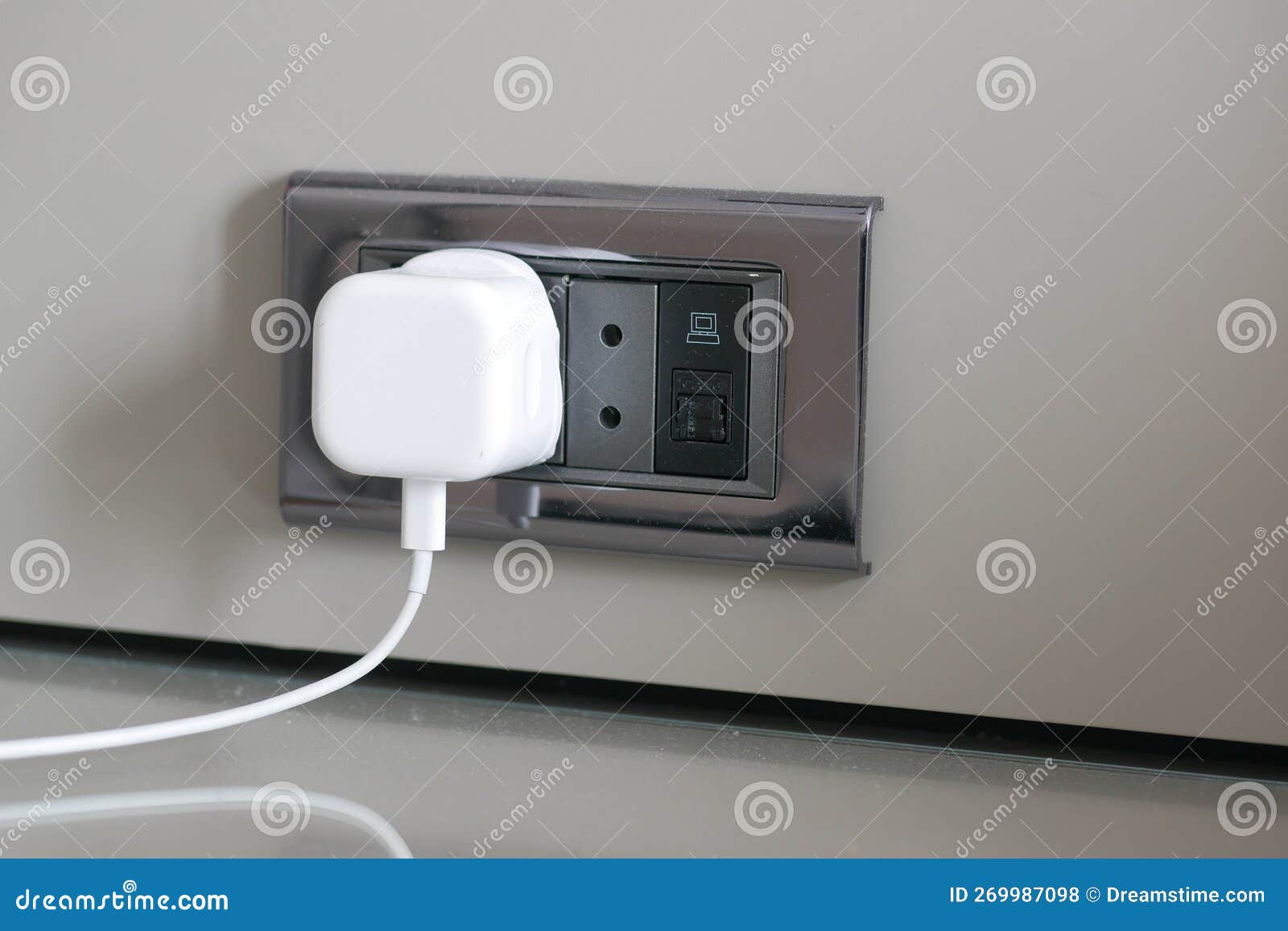 White Color Power Cord Cable Plugged into Wall Stock Photo - Image of ...