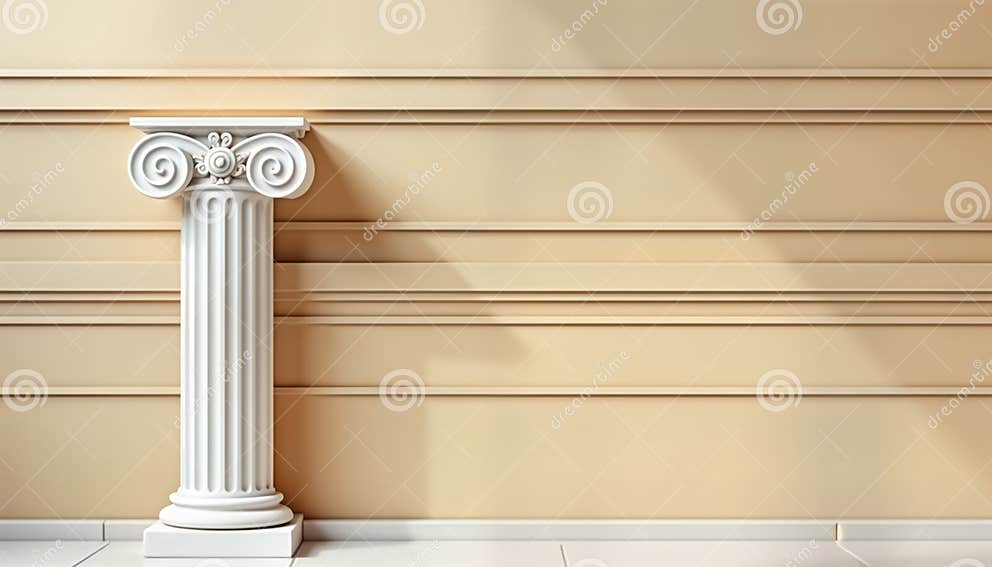 White Column with Spiral Design Stands on Tan Wall. Elegant Classical ...