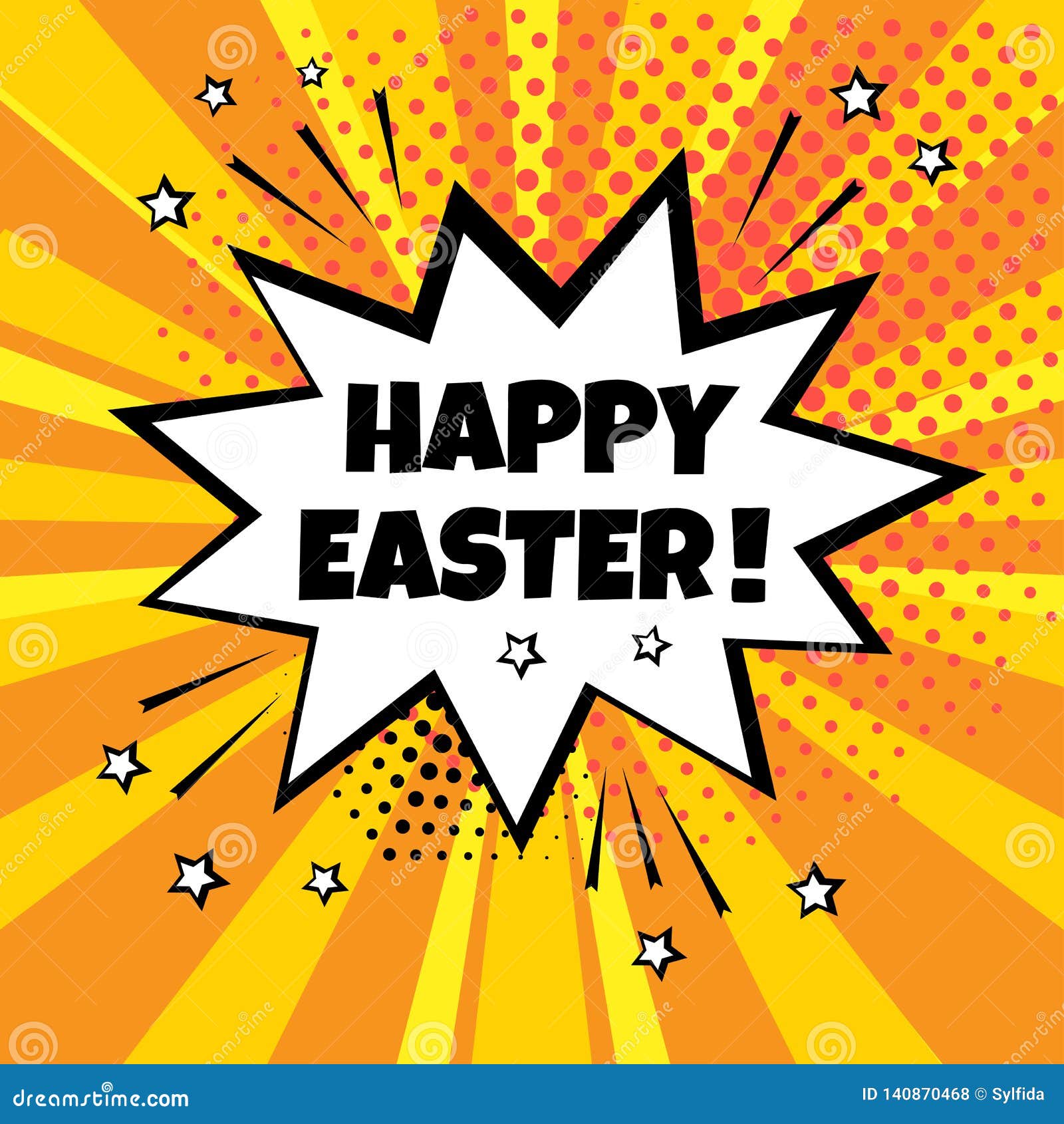 White Comic Bubble with Happy Easter Word on Orange Background. Vector ...