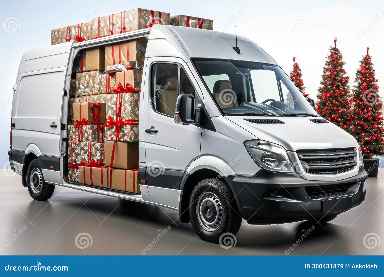 White Commercial Delivery Van with Boxes in Winter Forest Stock ...