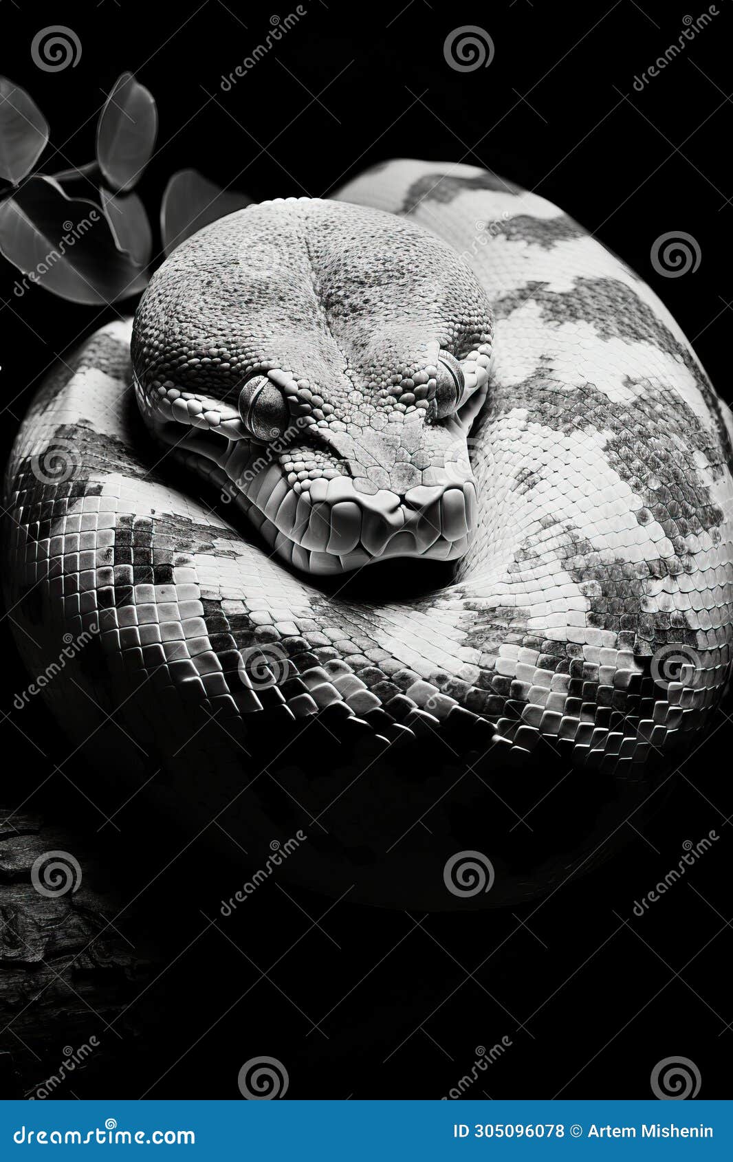 White Common Tree Boa Wrapping Body Around Branch Against Black ...