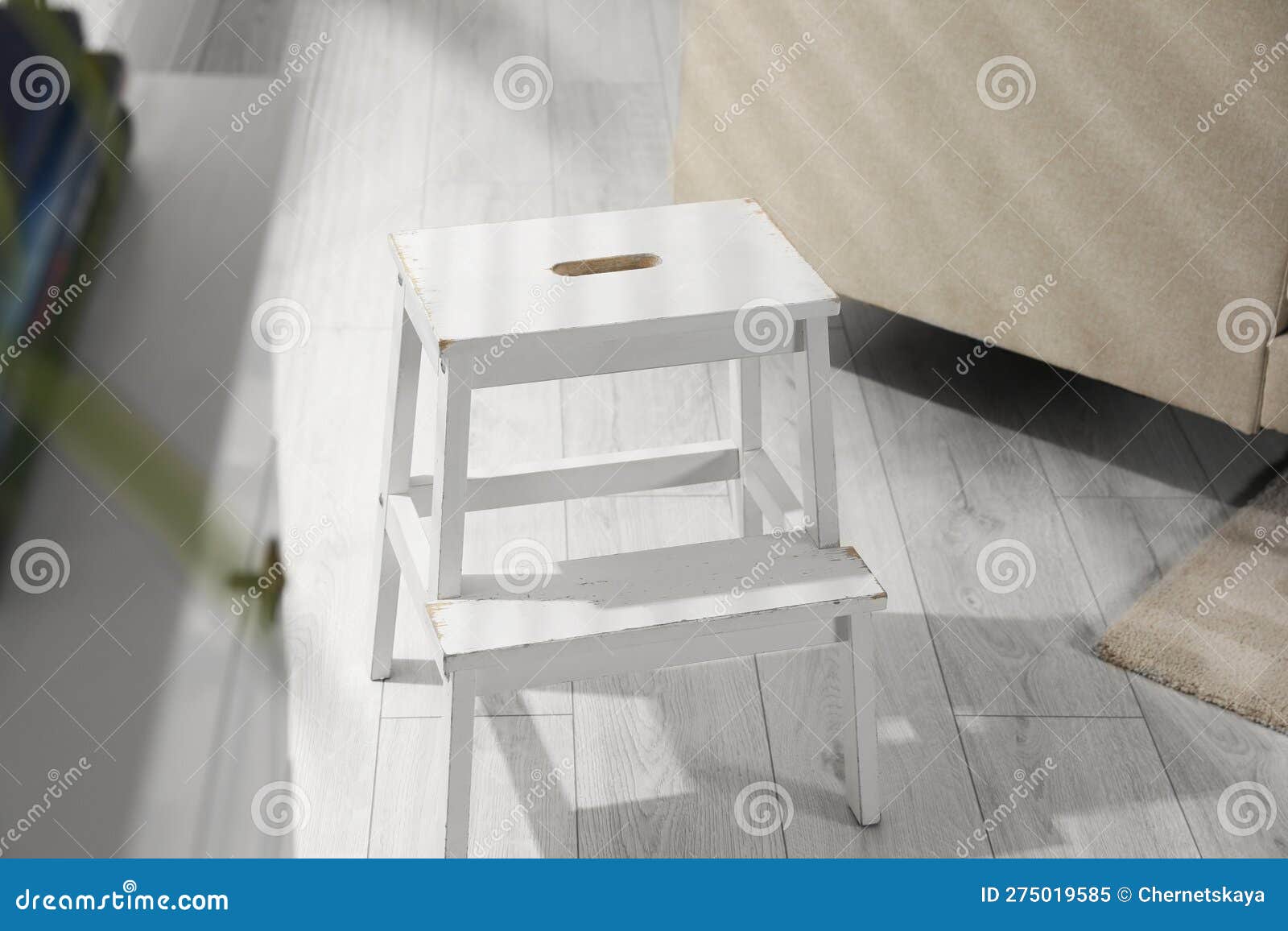 White Compact Ladder on Wooden Floor Indoors Stock Image - Image of ...