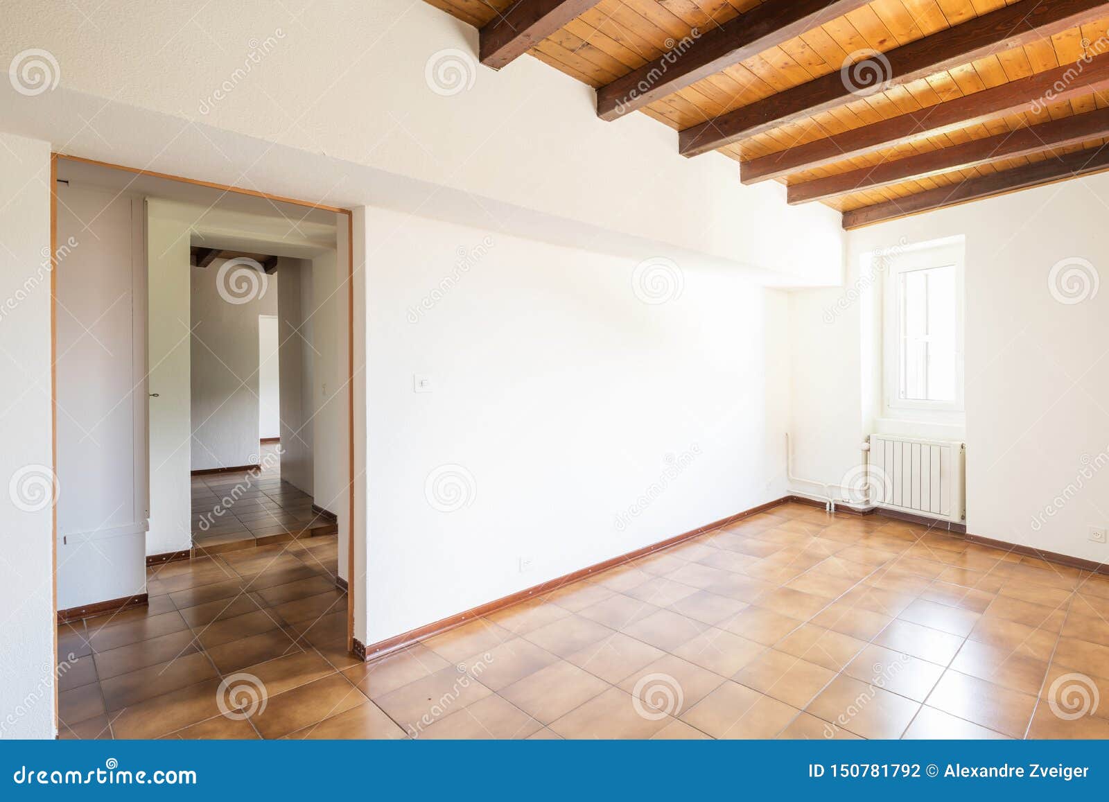 White and Completely Empty Room with Wood on the Ceiling Stock Photo ...
