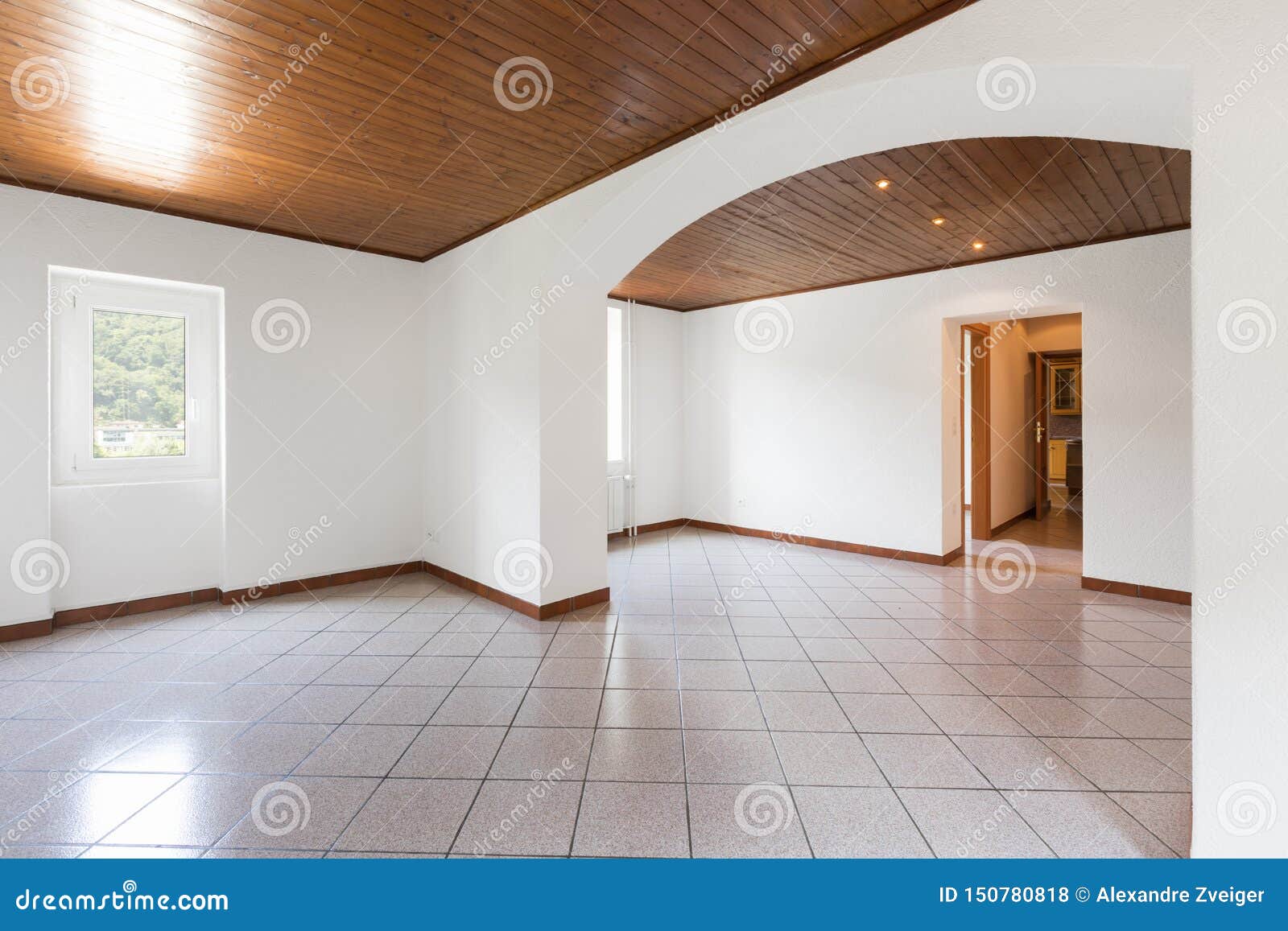 White and Completely Empty Room with Wood on the Ceiling Stock Photo ...