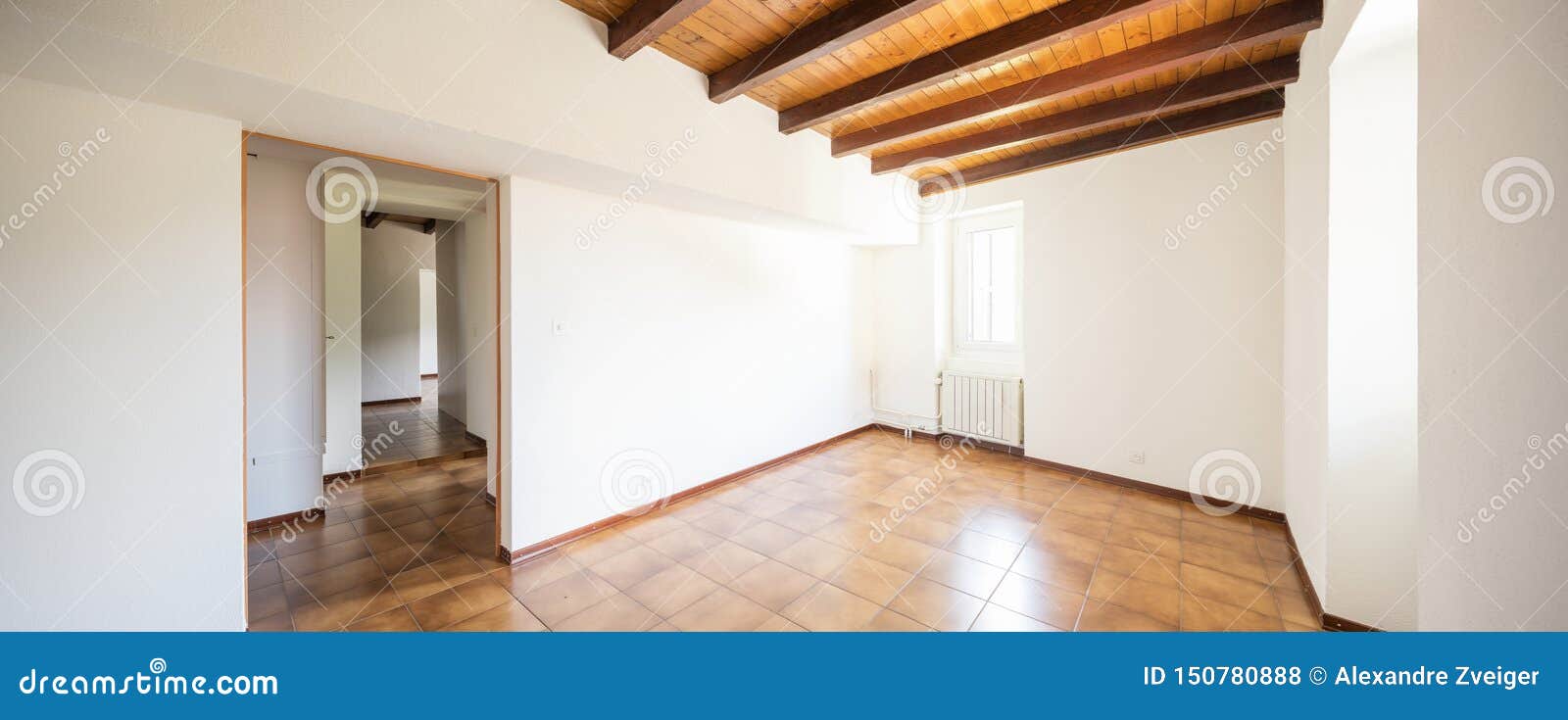 White and Completely Empty Room with Wood on the Ceiling Stock Photo ...
